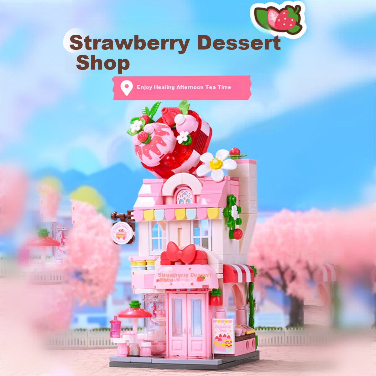 MINISO Модель уличного пейзажа с клубничным кафе из конструктора для детей 14+ Характеристики：Уличный пейзаж | Кафе с