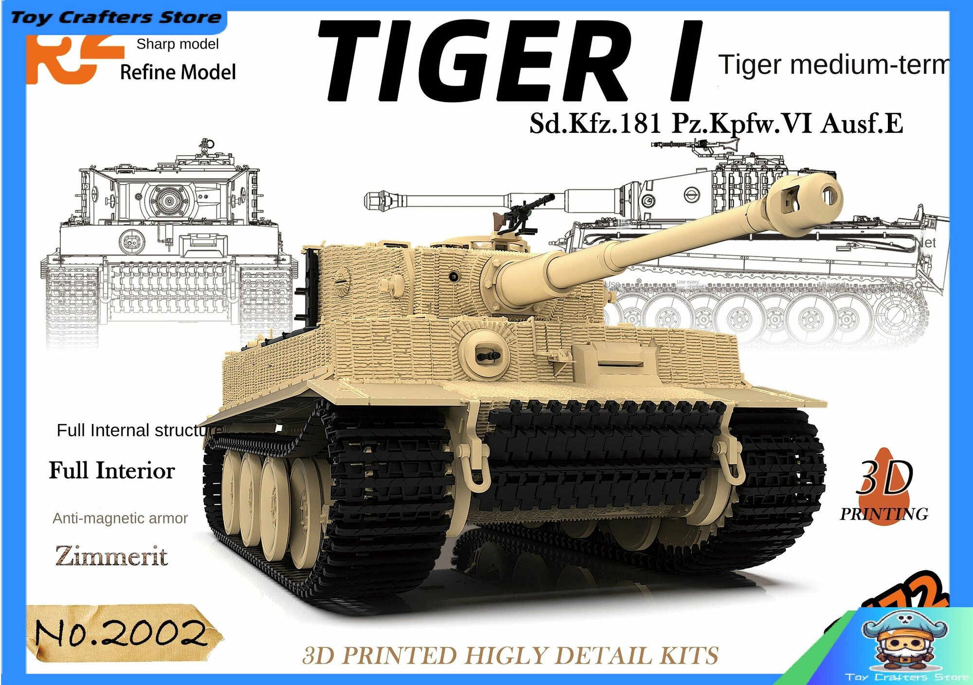 Reflne 2002 1/72 TIGER I (Sd. Kfz.181) Ausf.E Полный комплект интерьера / Zimmerit 3D печати
