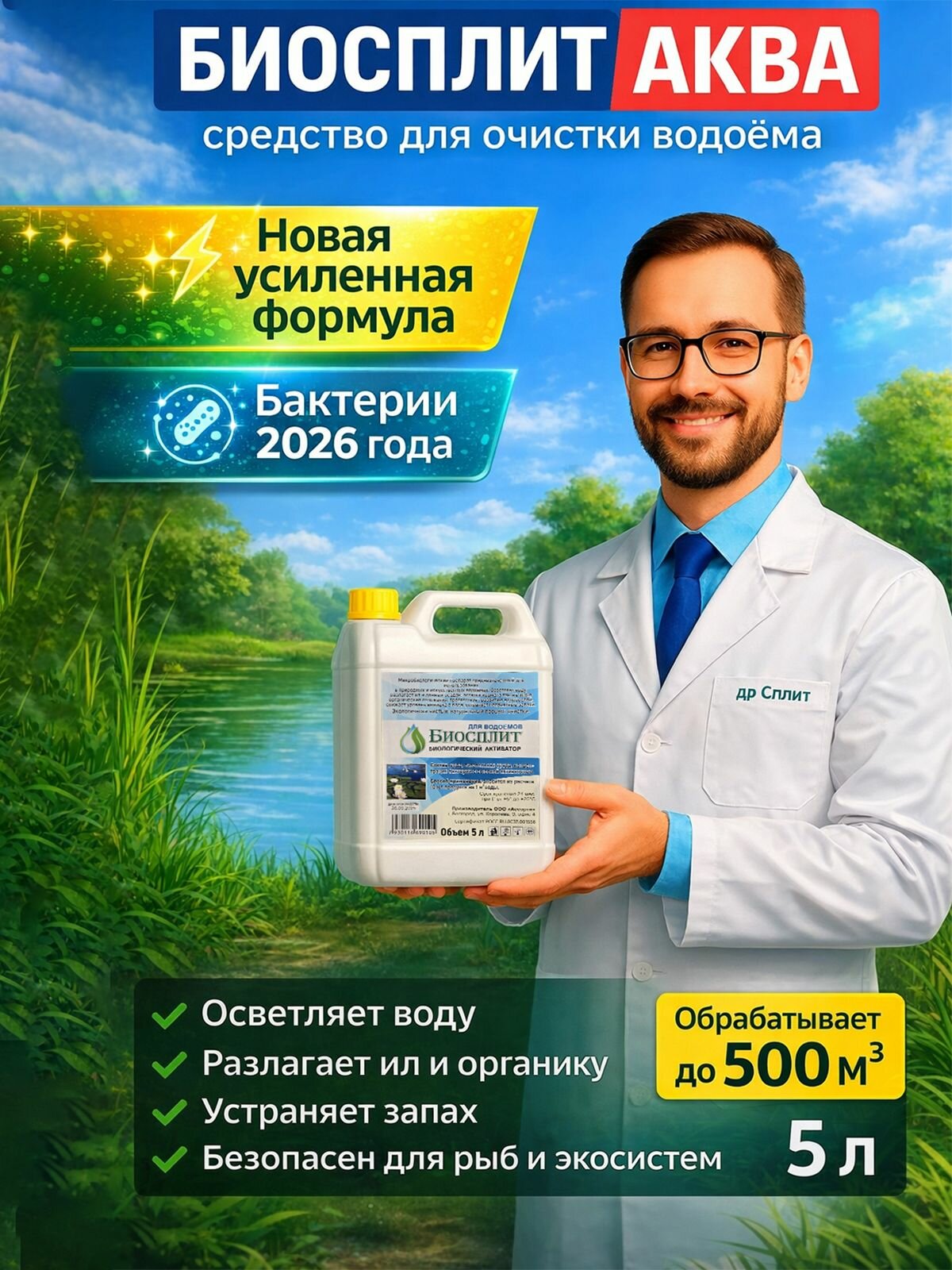 Средство для очистки водоемов Биосплит. Бактерии для устранения неприятного запаха, очистки от тины и донных отложений, осветления воды.