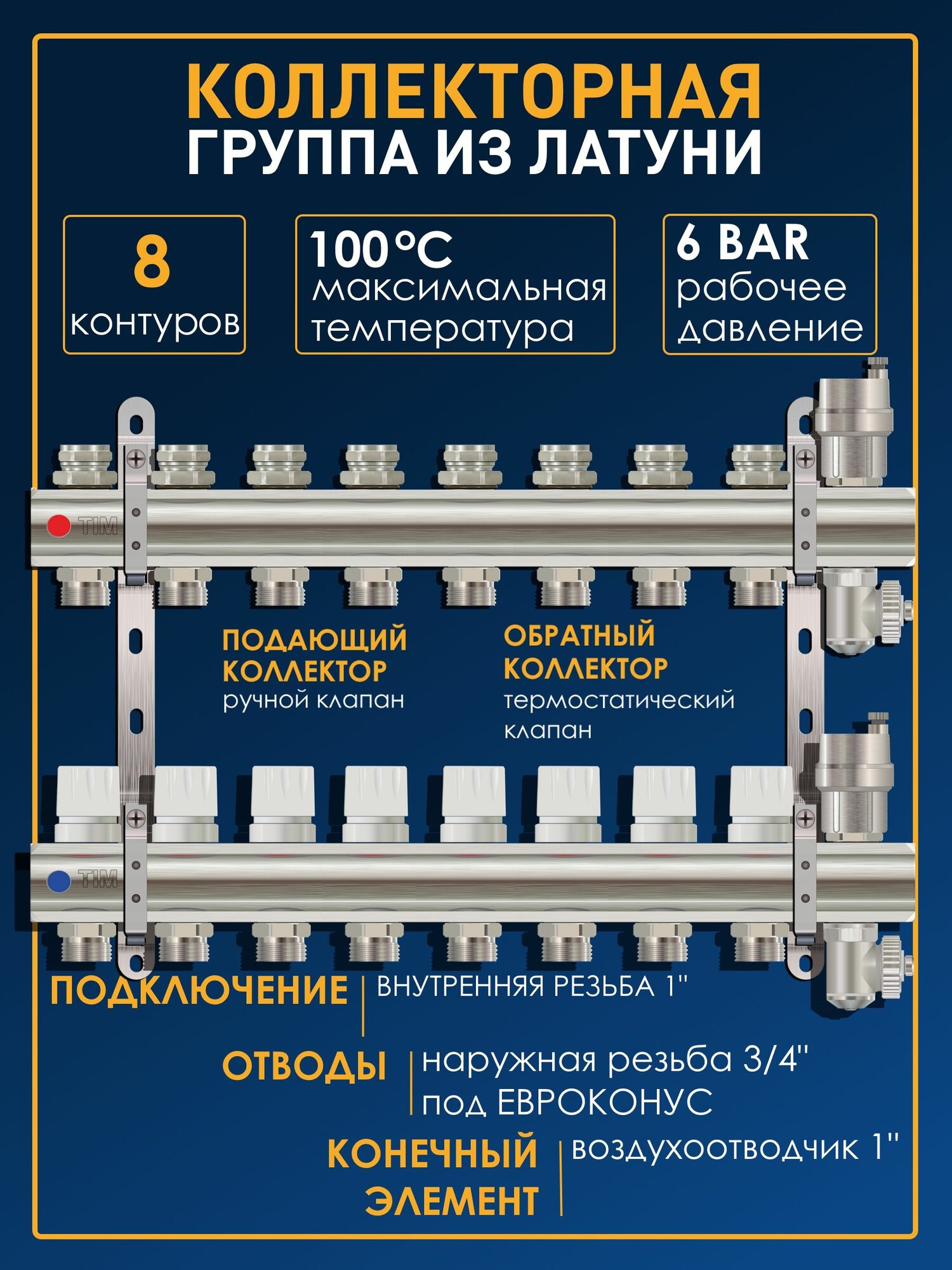 Коллектор для теплого пола, 8 контуров, коллекторная группа отопления, латунь