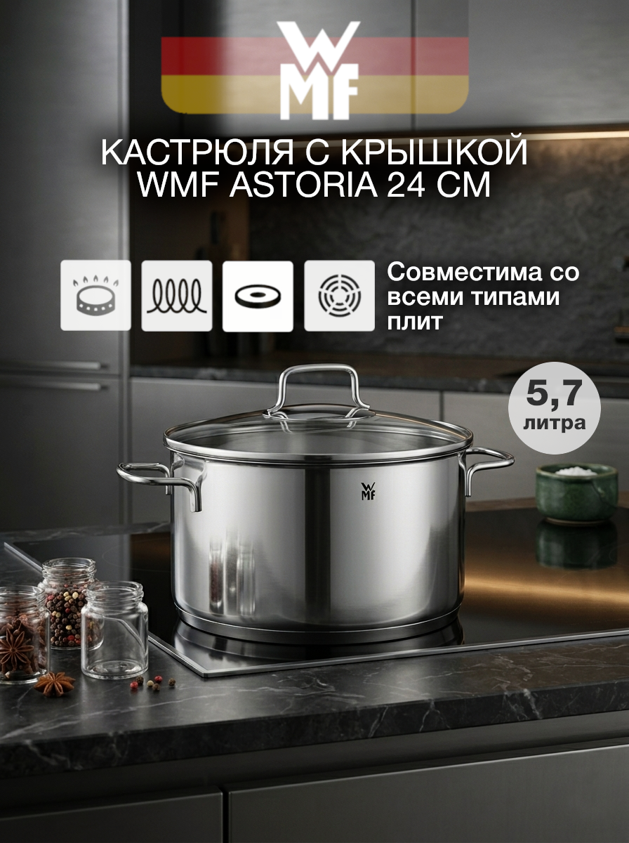 Кастрюля с крышкой WMF Astoria 24 см, для индукционных и других видов плит, из нержавеющей стали