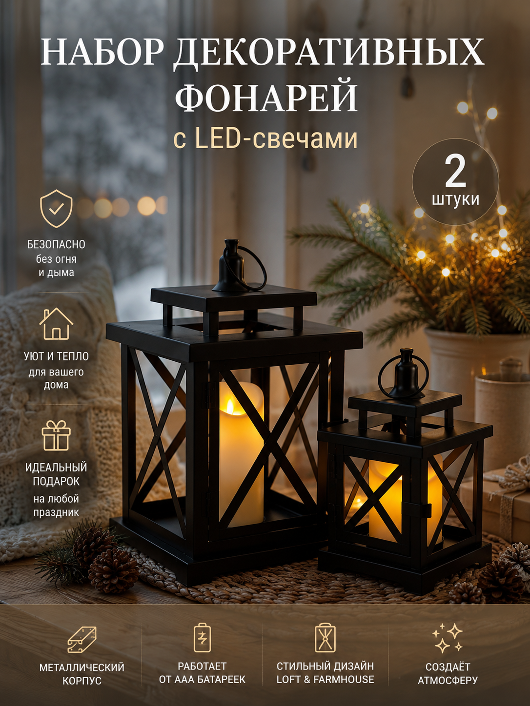 Набор декоративных фонарей JHY DESIGN 2 шт, настольный светильник с LED-свечами, стиль Лофт и Минимализм