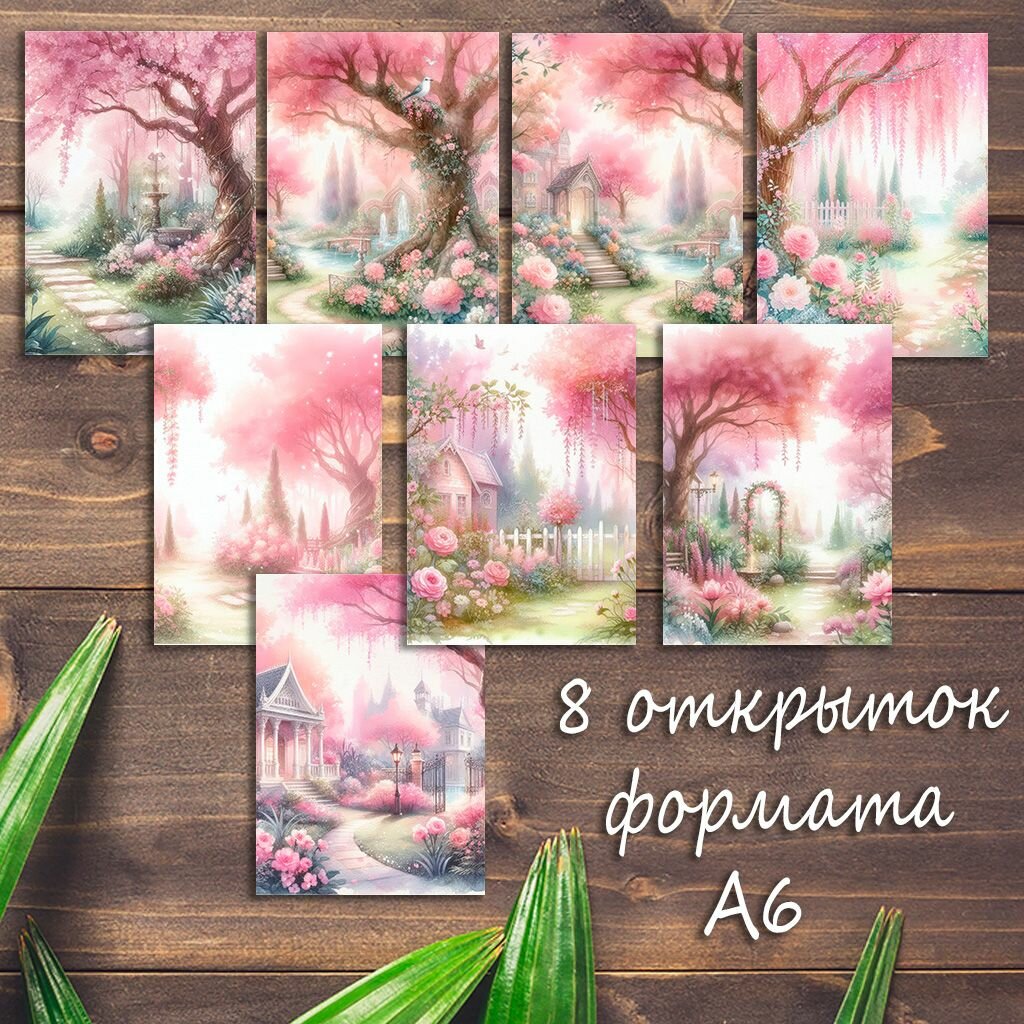 Большой набор открыток Розовый сад, 8 штук