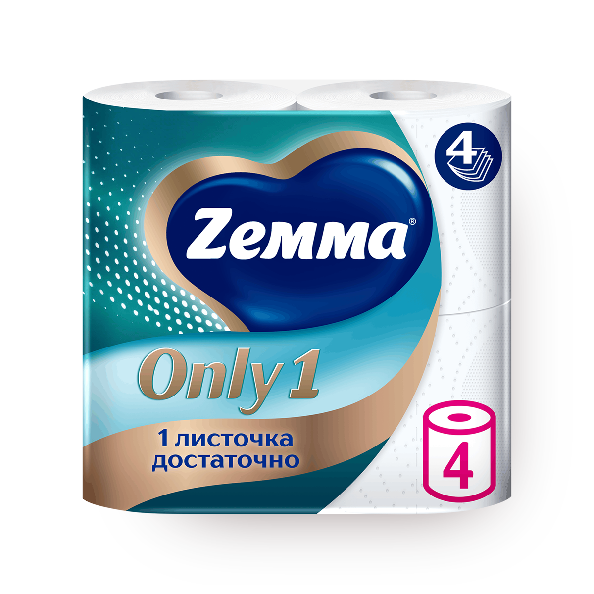 Туалетная бумага Zemma "Only1", 4 слоя, тиснение, белая, без запаха, 4 рулона