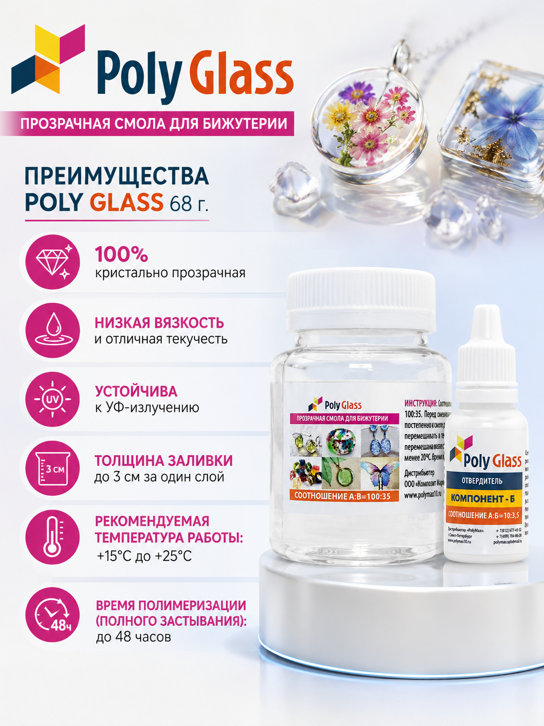 Прозрачная эпоксидная смола Poly Glass 68 г. для творчества, устойчивая к УФ