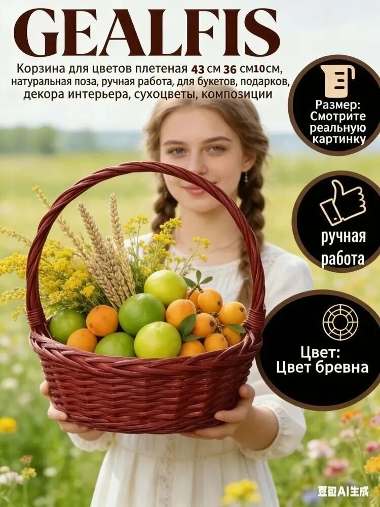GEALFIS Корзина для цветов плетеная 43 см 36 см 10.5 см, натуральная лоза, ручная работа, для букетов, подарков, декора интерьера, сухоцветы, композиции