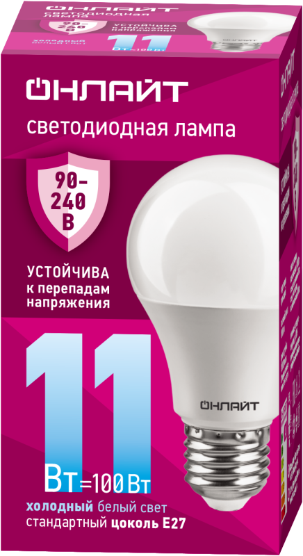 Лампа светодиодная 90 400 OLL-A55-11-230-6.5K-E27 11Вт грушевидная 6500К E27 90-240В PRO онлайт 90400