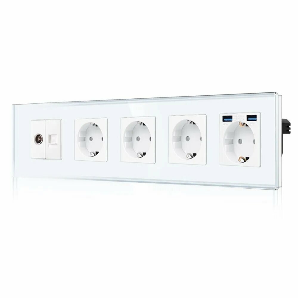Розетка с usb, для тв и RJ 45 Ethernet,5 поста, c заземлением , белый стеклянная.