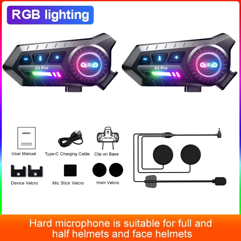 Мотогарнитура X3 Pro с RGB подсветкой, 2шт Hard Mic