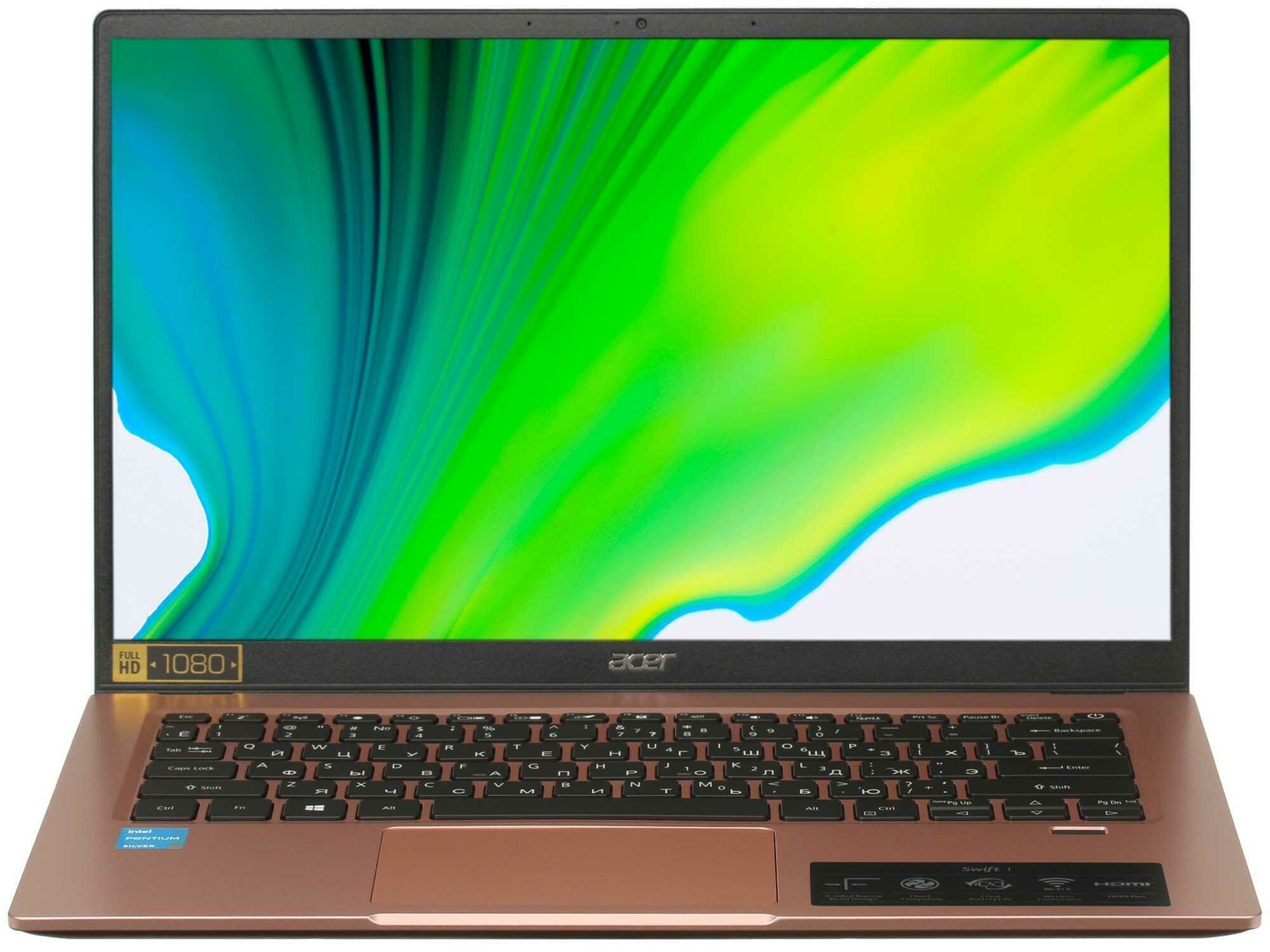 14" Ноутбук Acer Swift 1 SF114-34-P1RC (NX. A9UER.003) розовый - 1920x1080, IPS, Intel Pentium Silver N6000, ядра: 4 x 1,1 ГГц, 4 ГБ, SSD 128 ГБ, Intel UHD Graphics 615, Windows 10 Pro