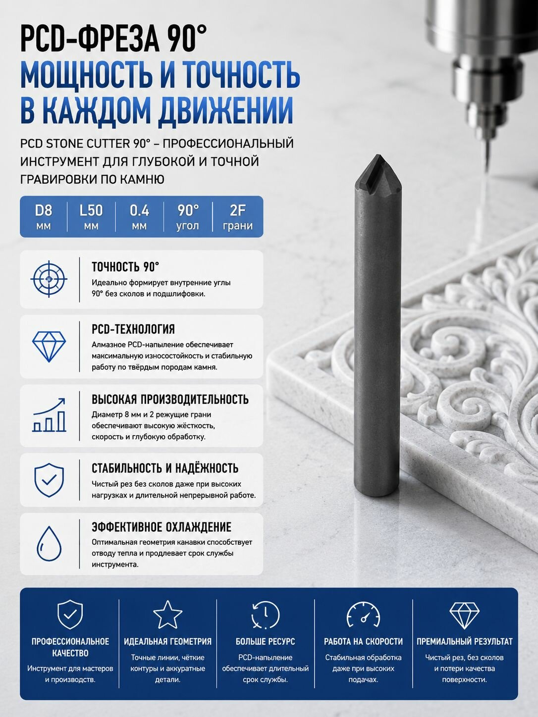 PCD фреза, 90 градусов, 2F для ЧПУ-гравировки по камню и граниту D8