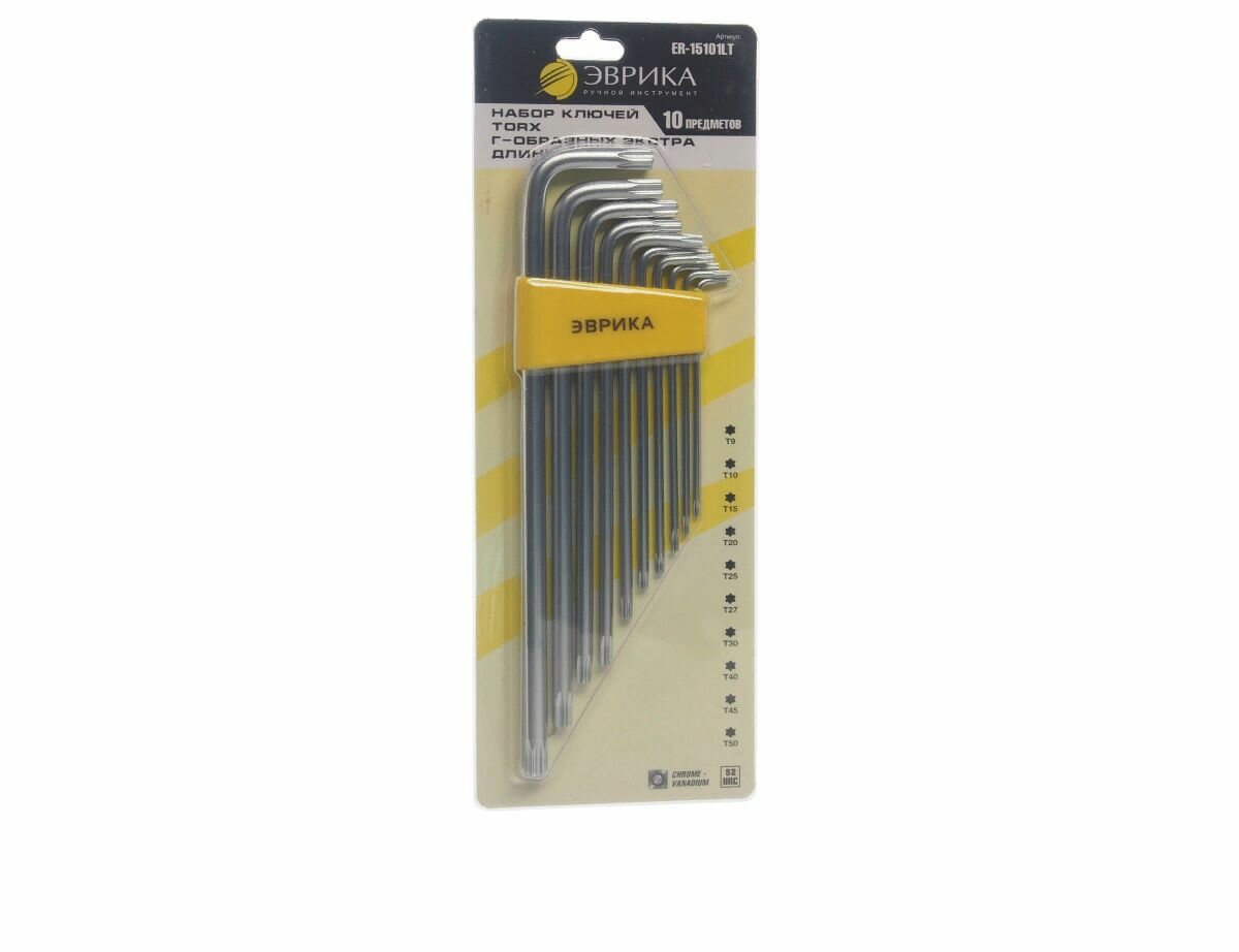 Набор ключей TORX ER-15101LT: Г-образных удлиненных T9-T50 10пр. Эврика