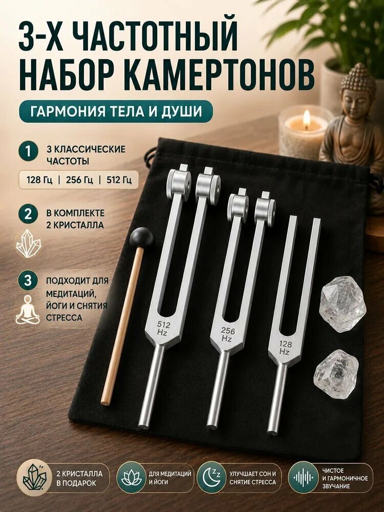 Набор из 3 терапевтических камертонов с кристаллами: 128 Гц, 256 Гц, 512 Гц. Для релаксации и защиты слуха, занятий йогой и медитацией, частотной терапии.
