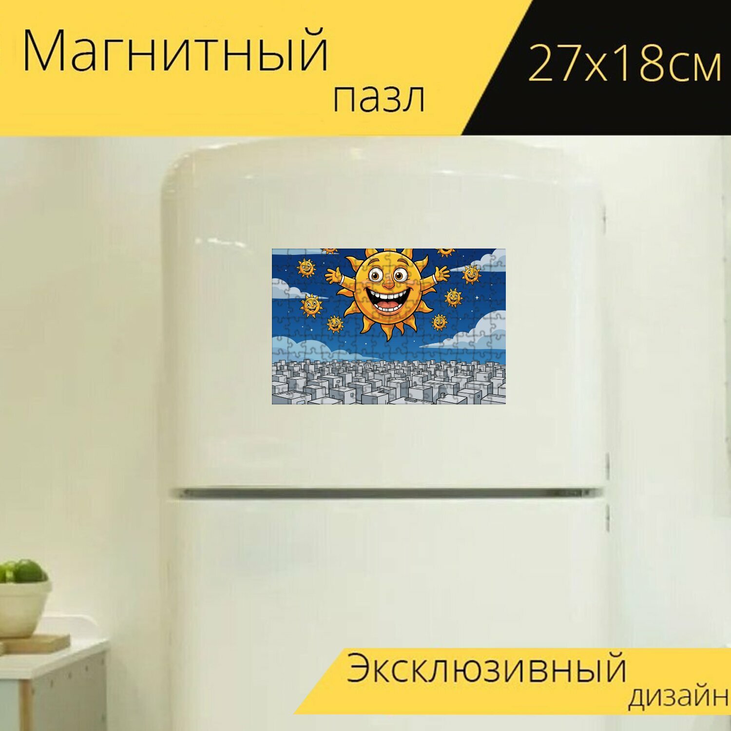 Магнитный пазл "Веселые светила над городом. Мультяшные золотистые лица с лучами парят в темно-синем небе среди облаков и звезд, над серыми кварталами." на холодильник 27 x 18 см.