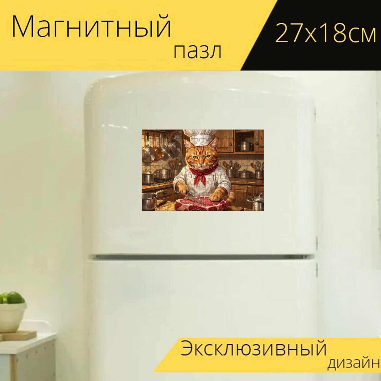 Магнитный пазл "Рыжий повар с мраморным стейком. Усатый антропоморфный герой в белом колпаке разделывает сочное мясо на деревянной доске, вокруг медная." на холодильник 27 x 18 см.