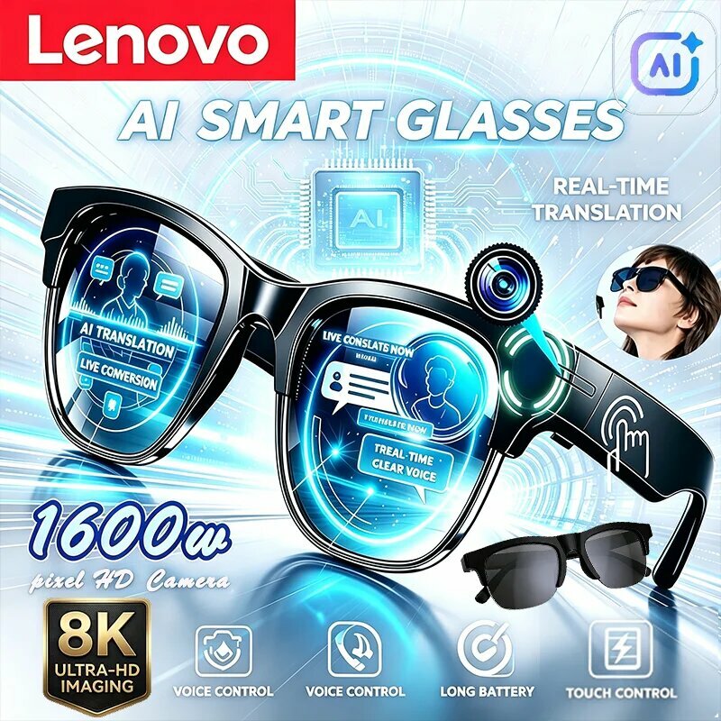 Умные очки Lenovo AI с камерой, дистанционным управлением, голосовым помощником, функцией записи, переводчиком, беспроводным Bluetooth, интеллектуальные очки