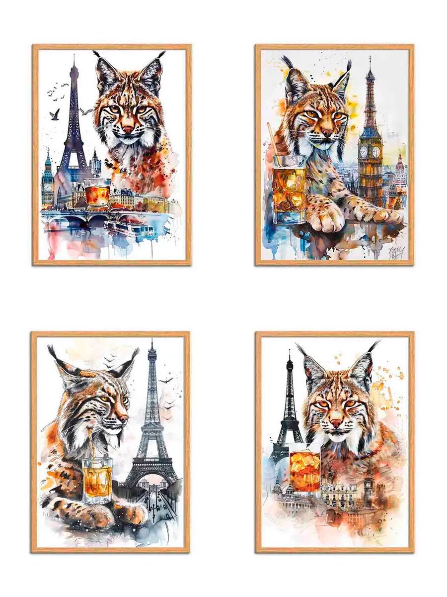 Рысь Пьет Виски, 4 Плаката, 30x21см