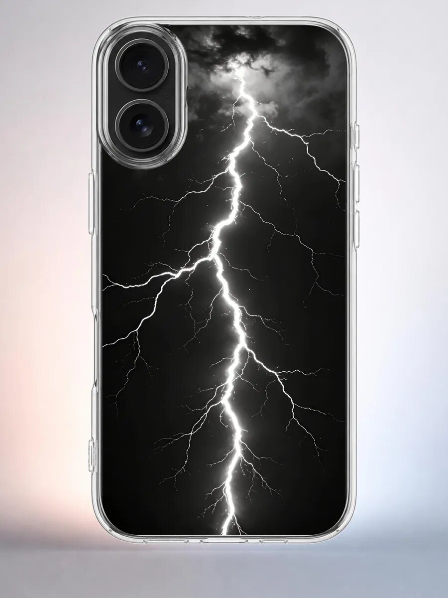 Чехол iPhone 16 молния в небе силиконовый прозрачный
