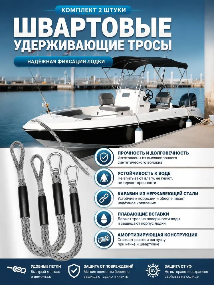 Аксессуары для судов Комплект 2 шт. Швартовые удерживающие тросы, Серый, Нержавеющая сталь, Полиэтилен