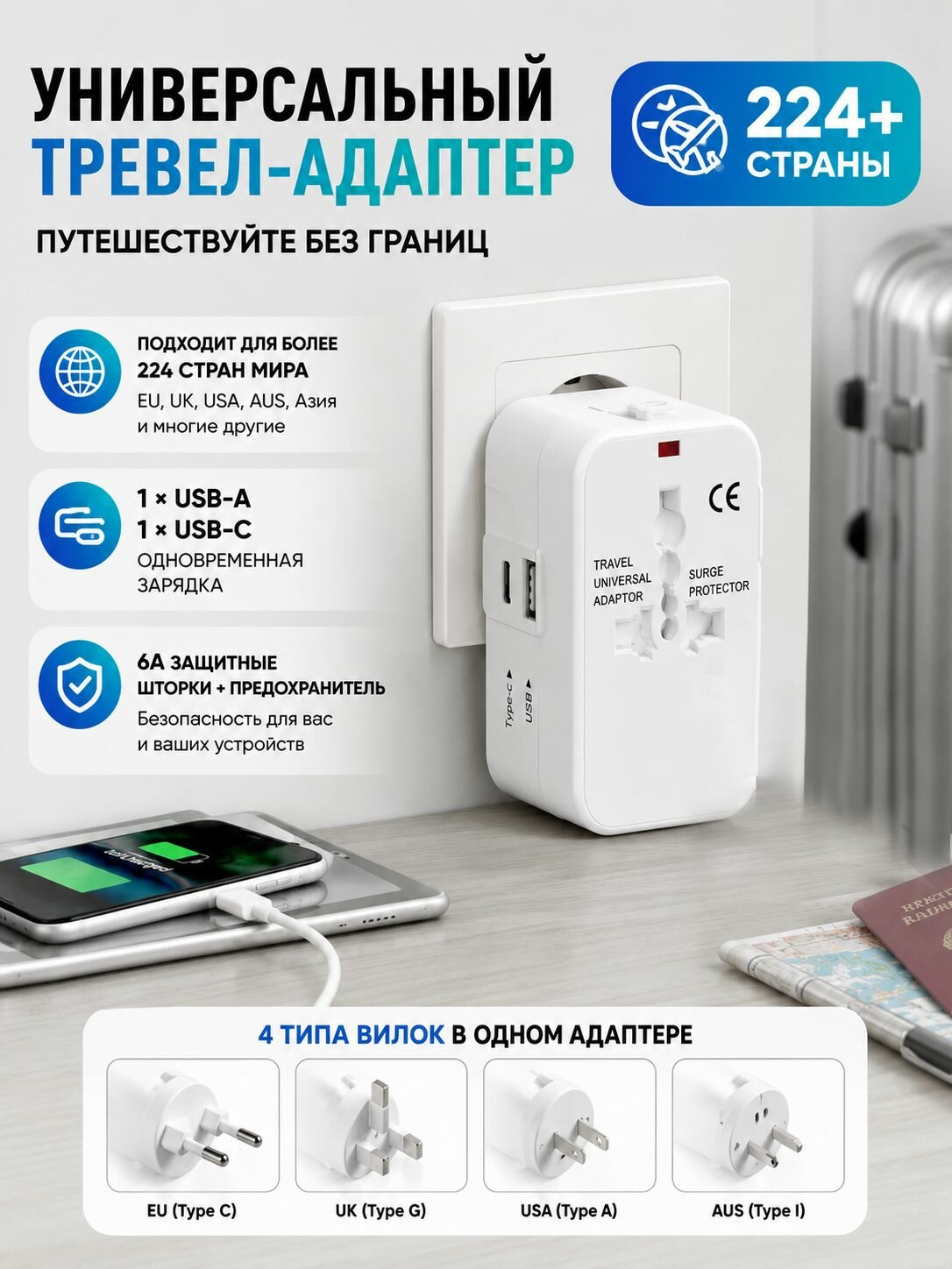 HITRENDS Универсальный дорожный переходник для розеток 224 страны, вилки США/Великобритания/ЕС/Австралия, USB-A + USB-C, защитная шторка и предохранитель, для путешествий по всему миру