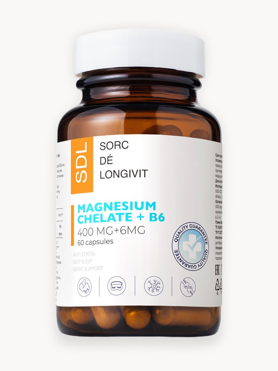 Магний хелат с витамином В6 SDL, для здоровья нервов и сердца 400 мг+6 мг, 60 капсул