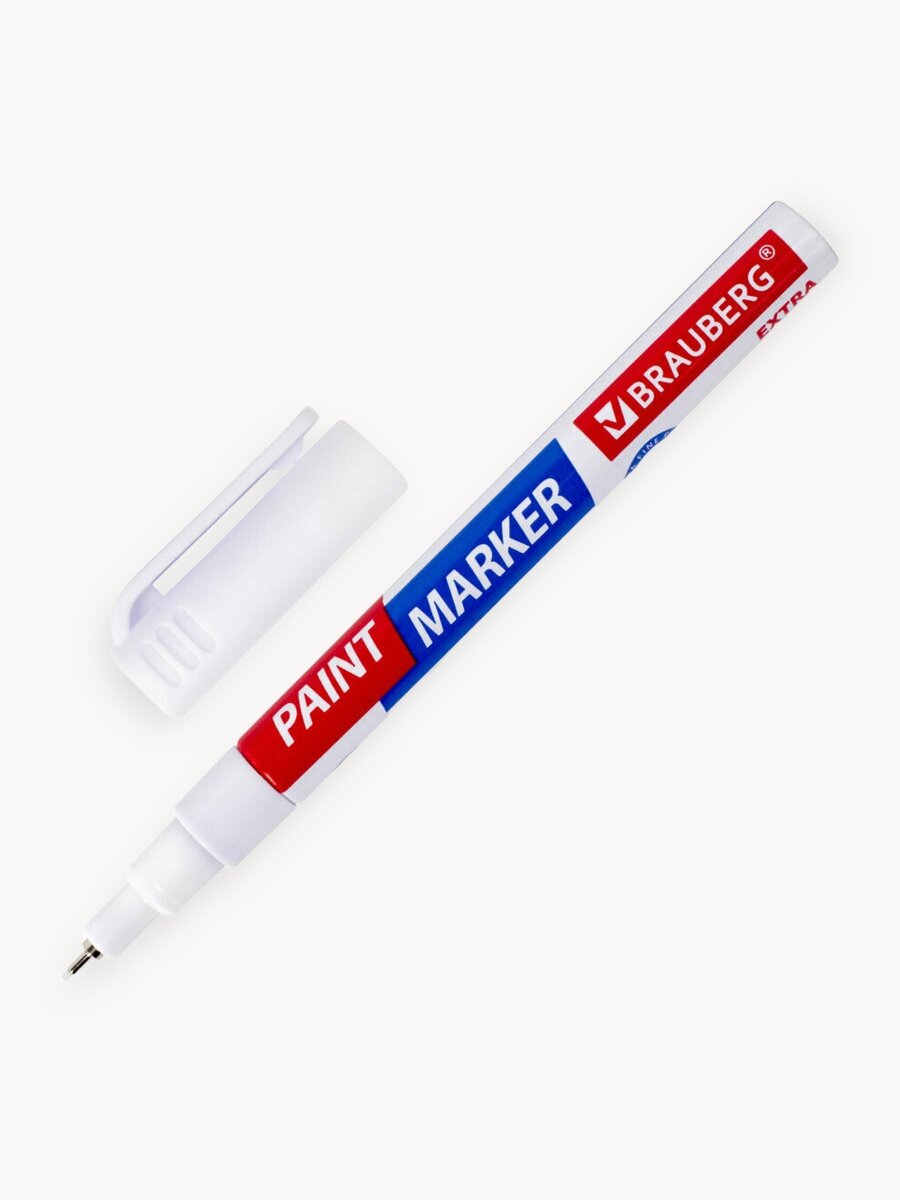 Маркер краска лаковый paint marker 1 мм строительный белый, фломастер тонкий, усиленная нитро основа, Brauberg Extra