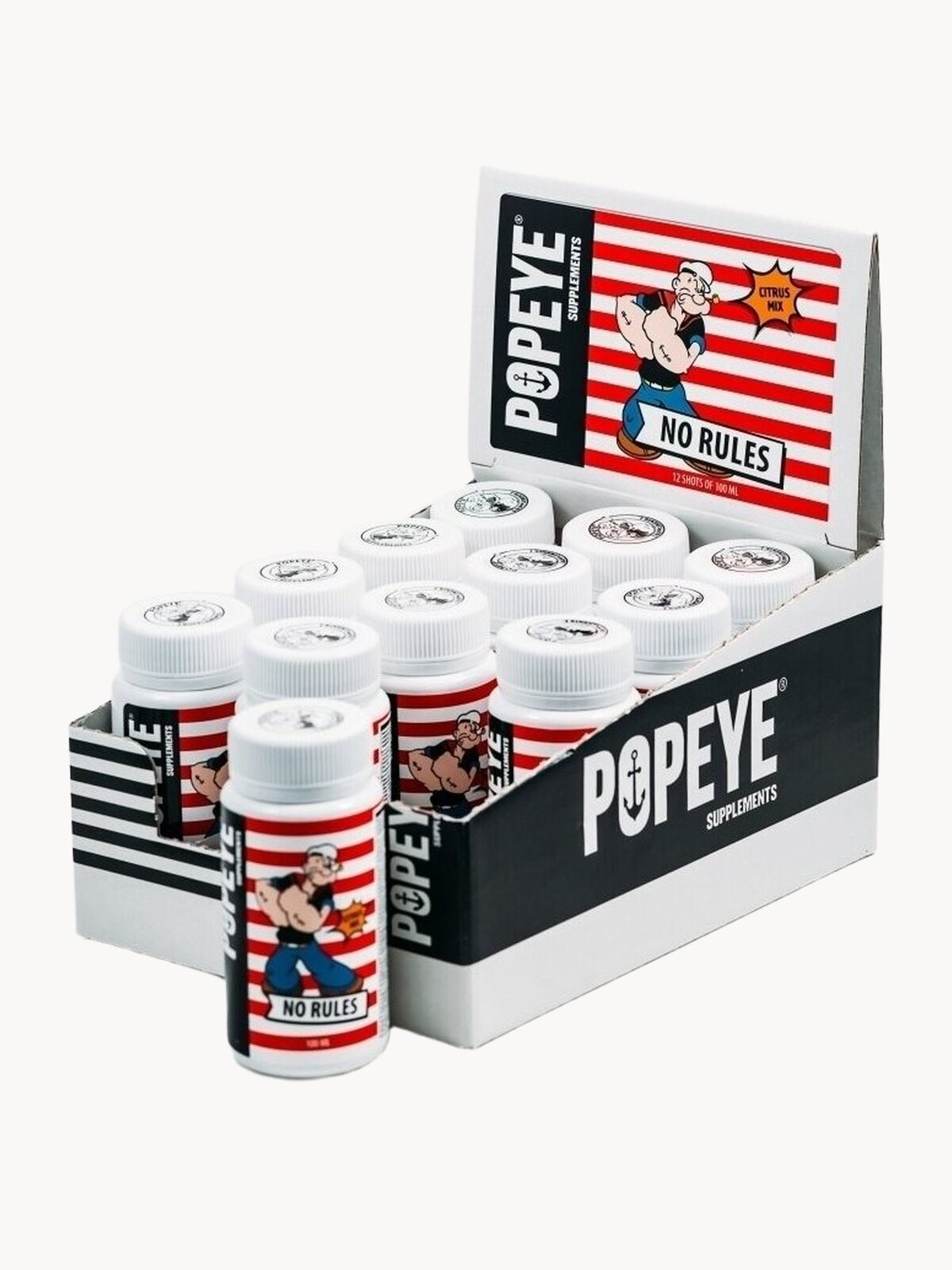 Предтреник для силы, выносливости, энергии Popeye Supplements NO RULES Shot, 12 шт по 100 мл, цитрусовый микс