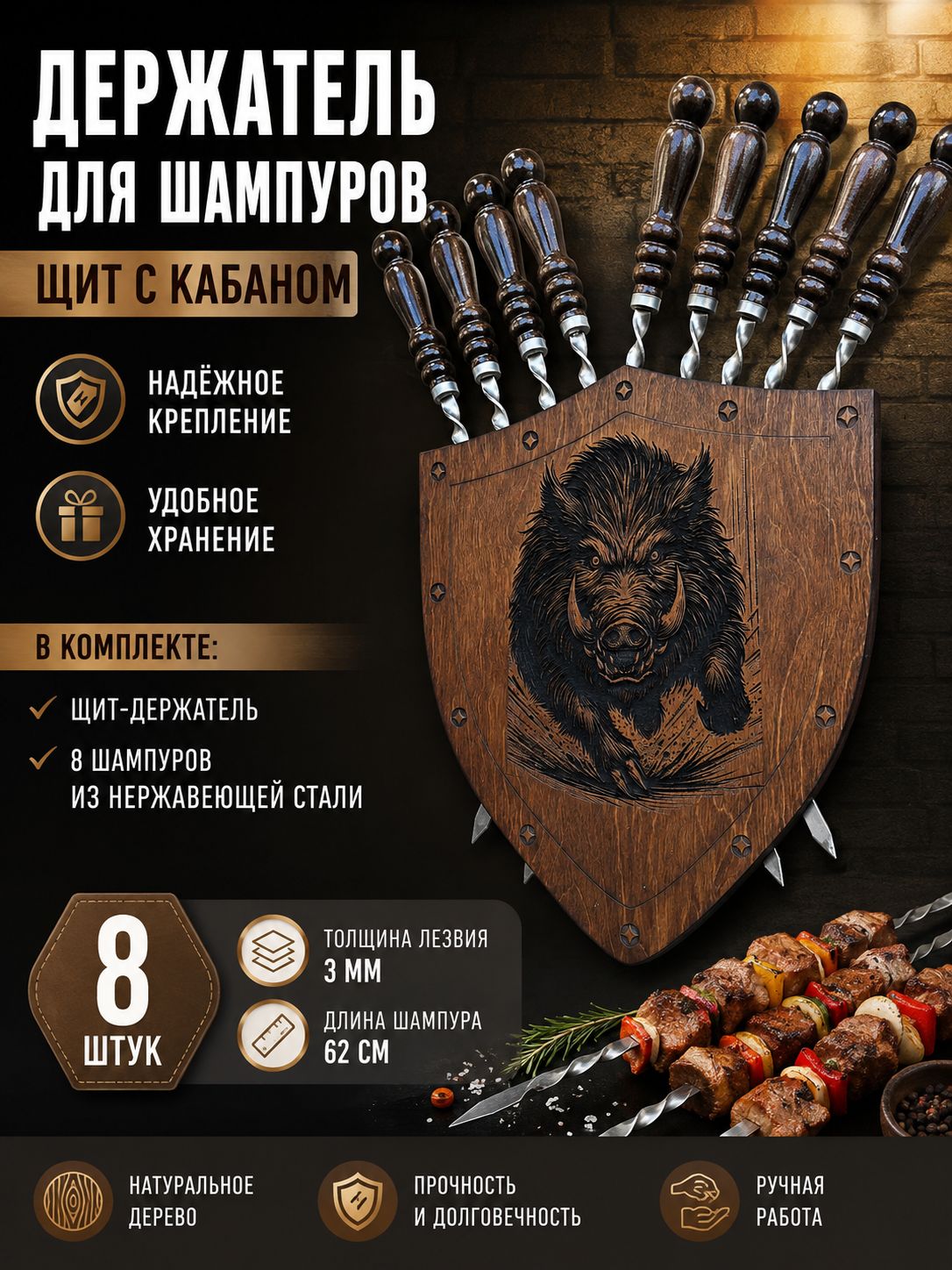 Подставка с шампурами 8 шт, настенная ( Кабан )