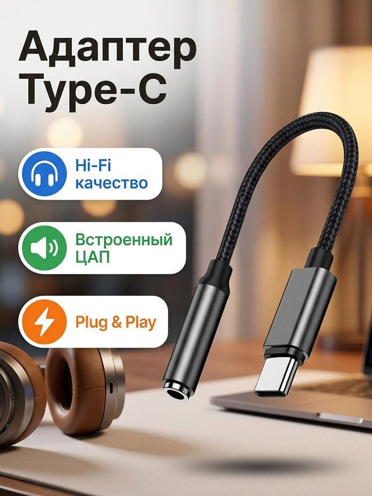 Аудио адаптер 3.5 мм на Type-C, переходник для наушников и смартфона, поддержка стереозвука, компактный и прочный