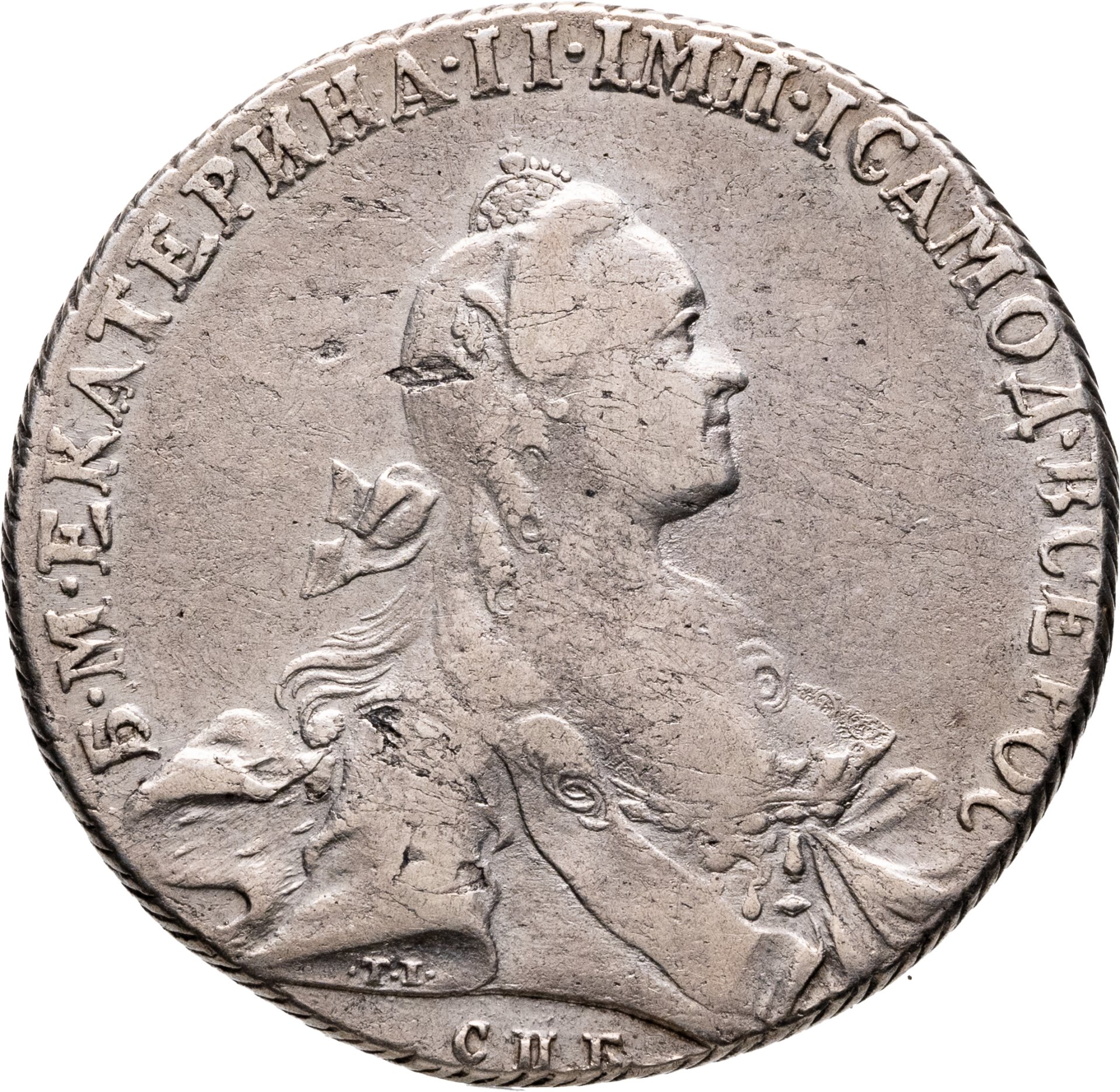 1 рубль 1766 СПБ-TI-АШ, Серебро 750, в сохранности XF