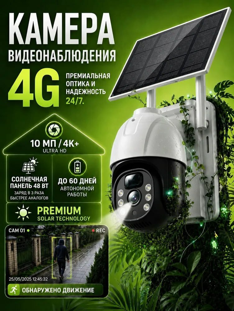 Камера на солнечной батарее с сим картой 4G, беспроводная, с датчиком движения, ночное виденье