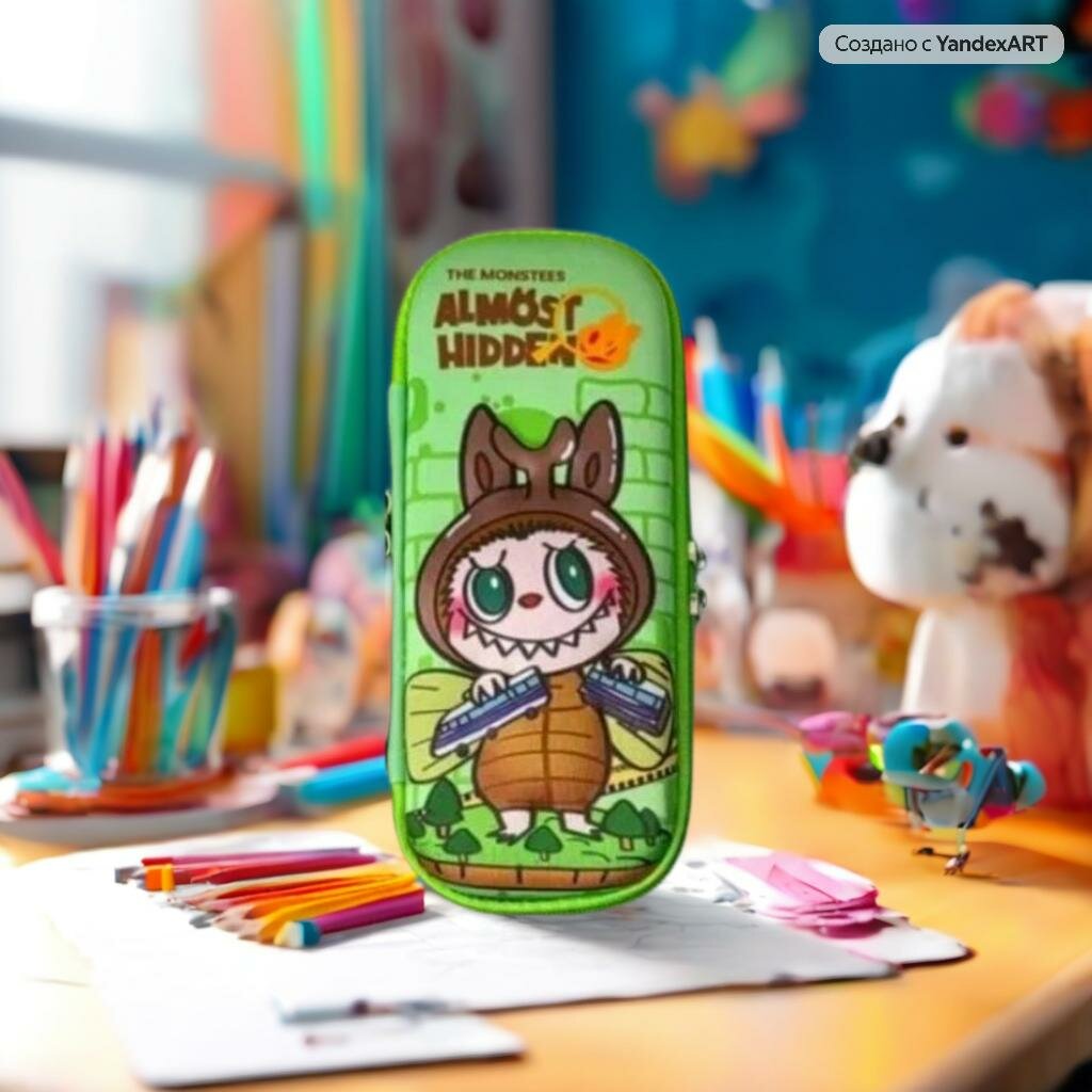 Школьный пенал с Лабубу, каркасный, зеленый, 3D принт, 2 отделения