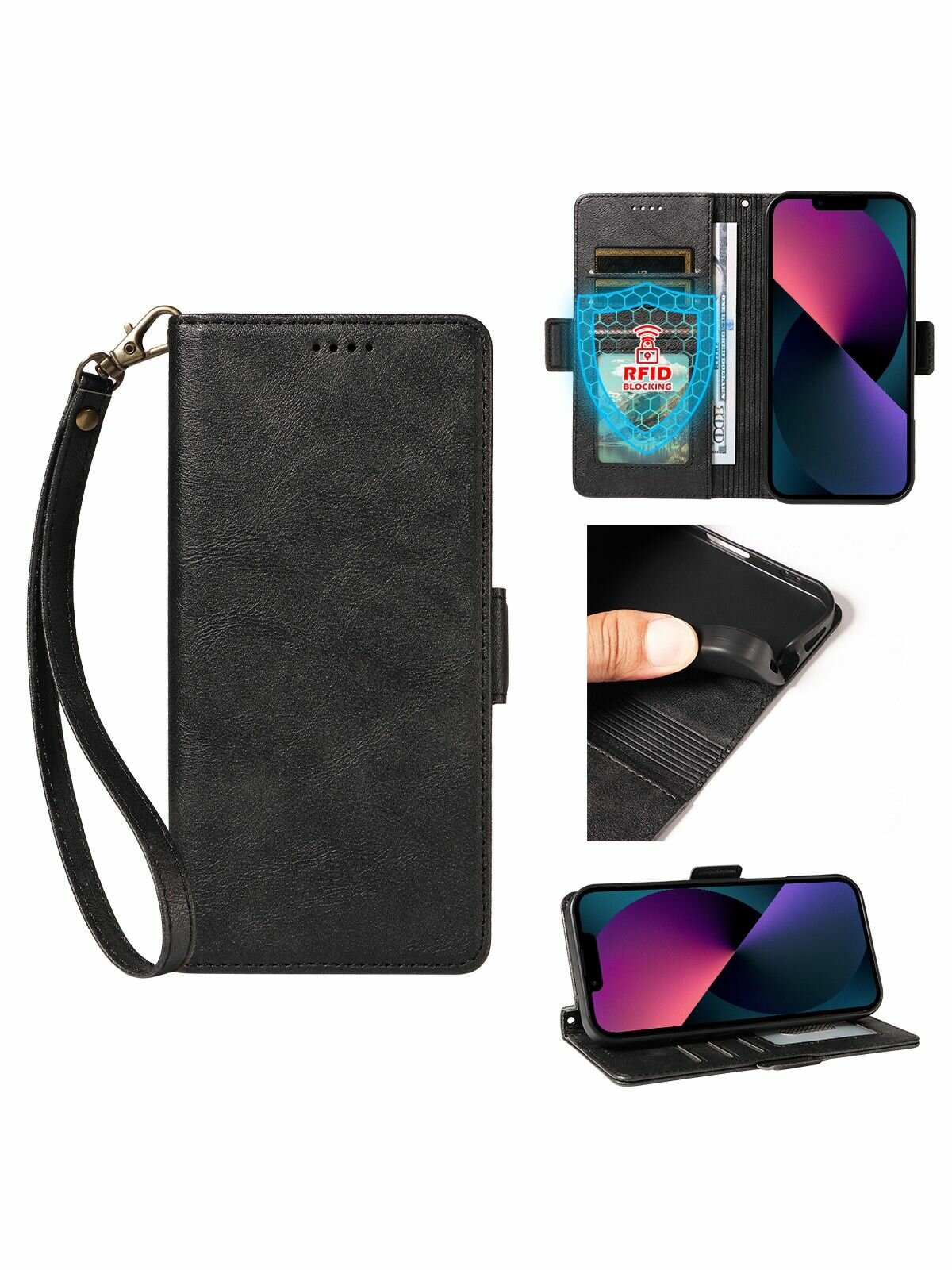 YIKATU Чехол-кошелек для iPhone13 с RFID защитой, 3 слота для карт, ремешком и подставкой