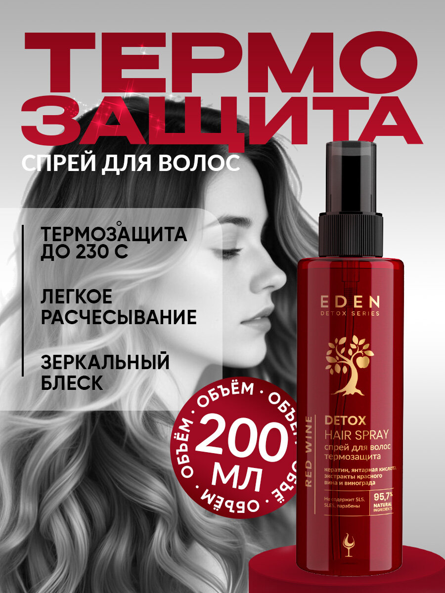 Спрей для волос термозащита EDEN DETOX Red Wine с экстрактом красного вина 200 мл