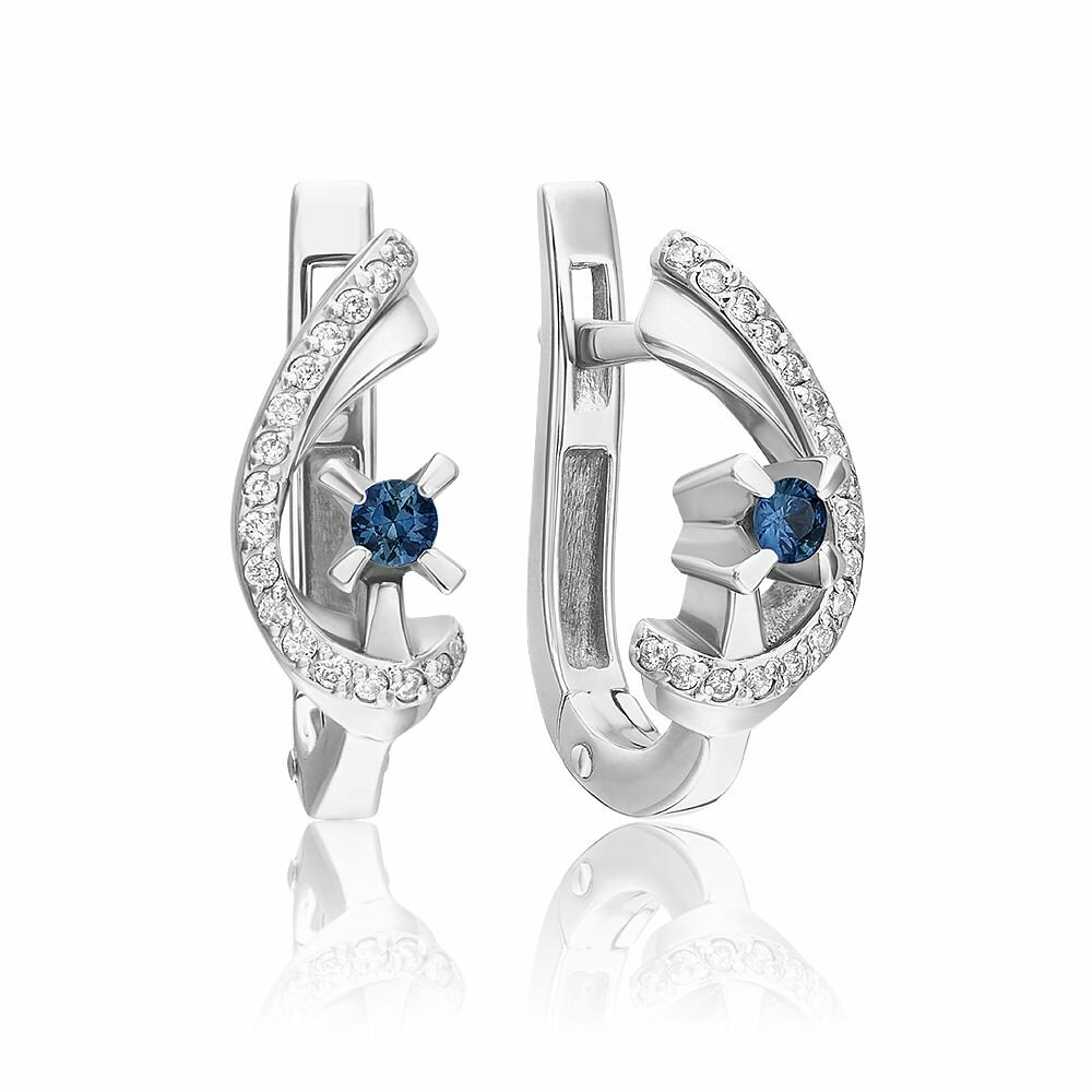 Серьги, белое золото, 585 проба, родирование, бриллиант, сапфир