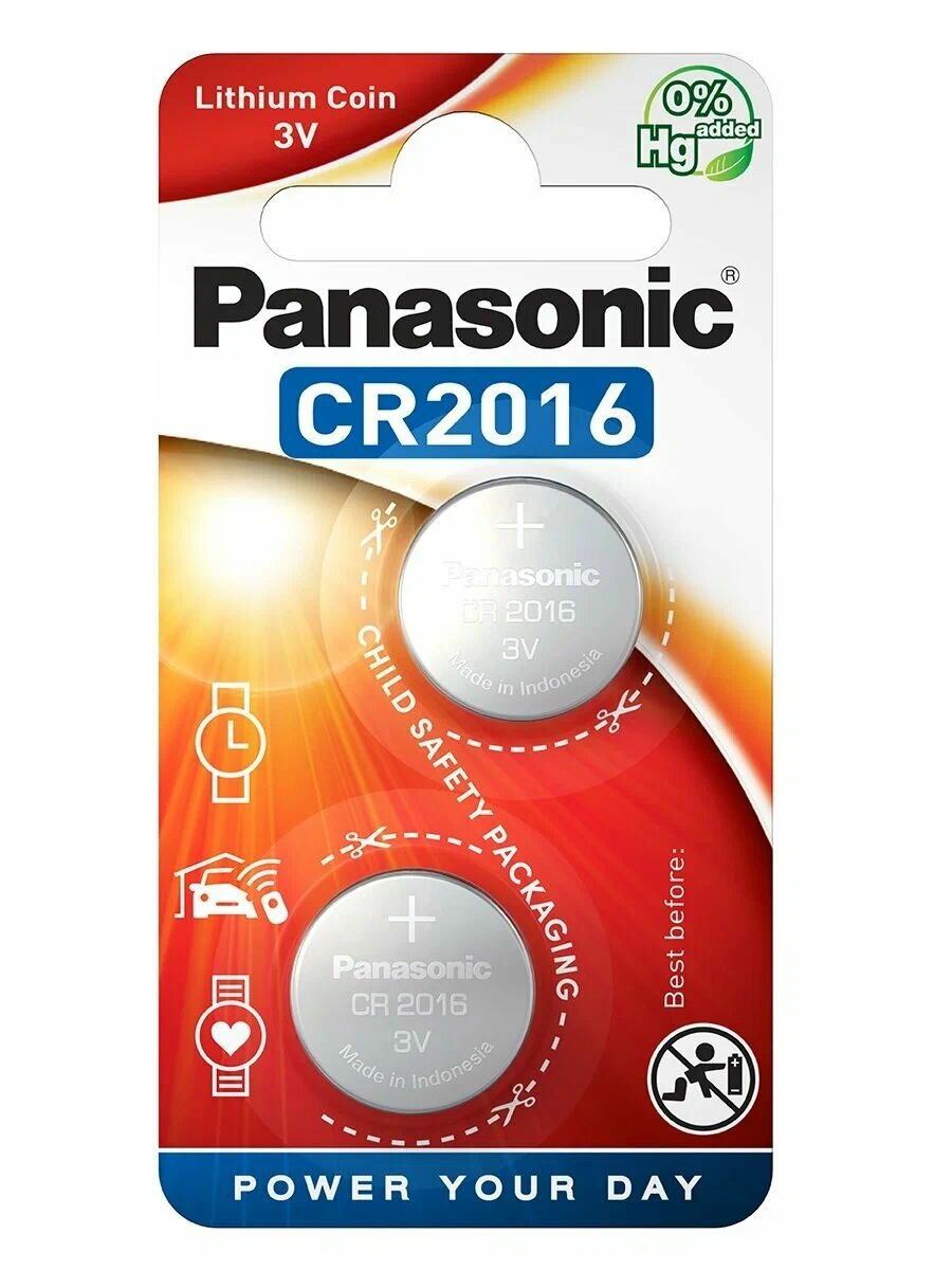 Батарейки Panasonic, CR2016, литиевые, 3 В, 90 мА·ч, , блистер, 2 шт