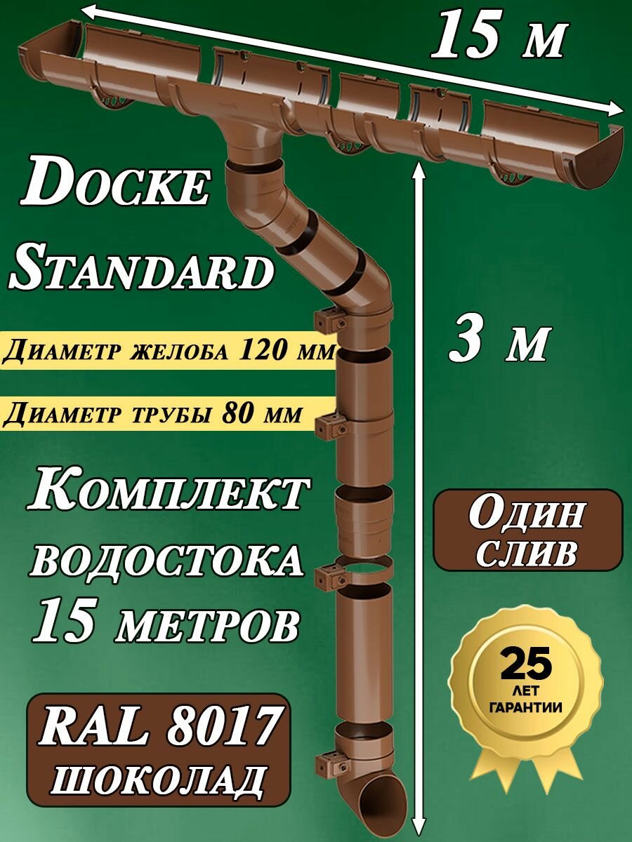 Водосток для крыши Деке Стандарт 15 м по 1,5 метра один слив ( 120 мм / 80 мм ) водосточная система для дома размер 15х3м пластиковый Docke Standard ( цвет RAL 8017 светло коричневый ) комплект ПВХ