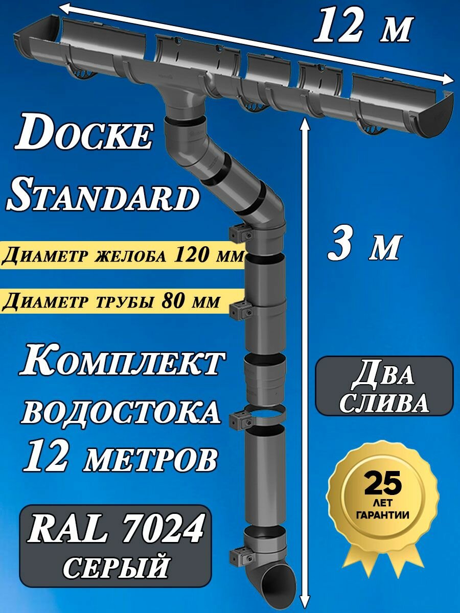 Водосток для крыши Docke Standard 12 м ( 120 мм / 80 мм ) водосточная система для дома размер 12х3м пластиковый Деке Стандарт ( цвет RAL 7024 серый графит ) комплект ПВХ Standart