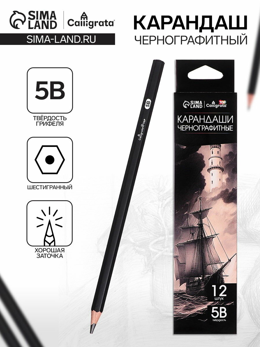 Карандаш художественный чернографитный, 5B, шестигранный, тип: для художественных и графических работ, 12 шт.