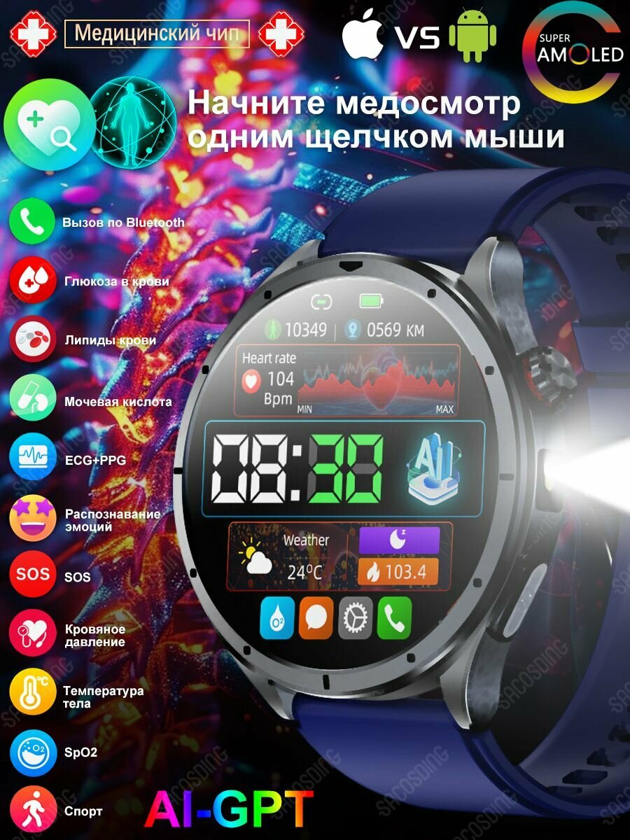 Мужские и женские умные часы, определение уровня глюкозы в крови, мониторинг артериального давления, ЭКГ, функция фонарика
