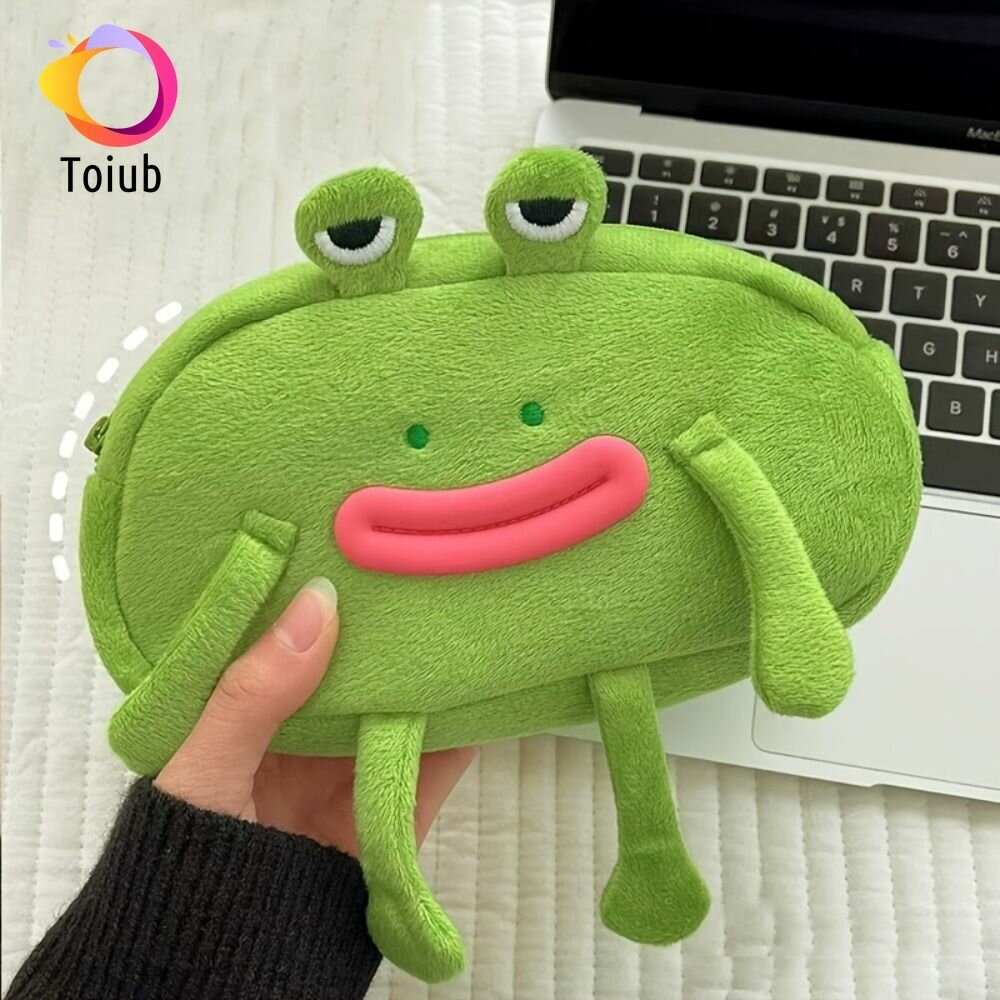 1шт Плюшевая сумка для ручек в форме лягушки, милый настольный органайзер для школьных принадлежностей