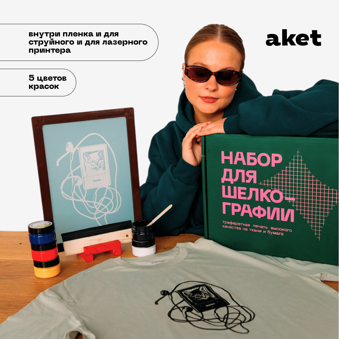 Набор для шелкографии aket create: 5 водных красок, 3 листа для ваших трафаретов