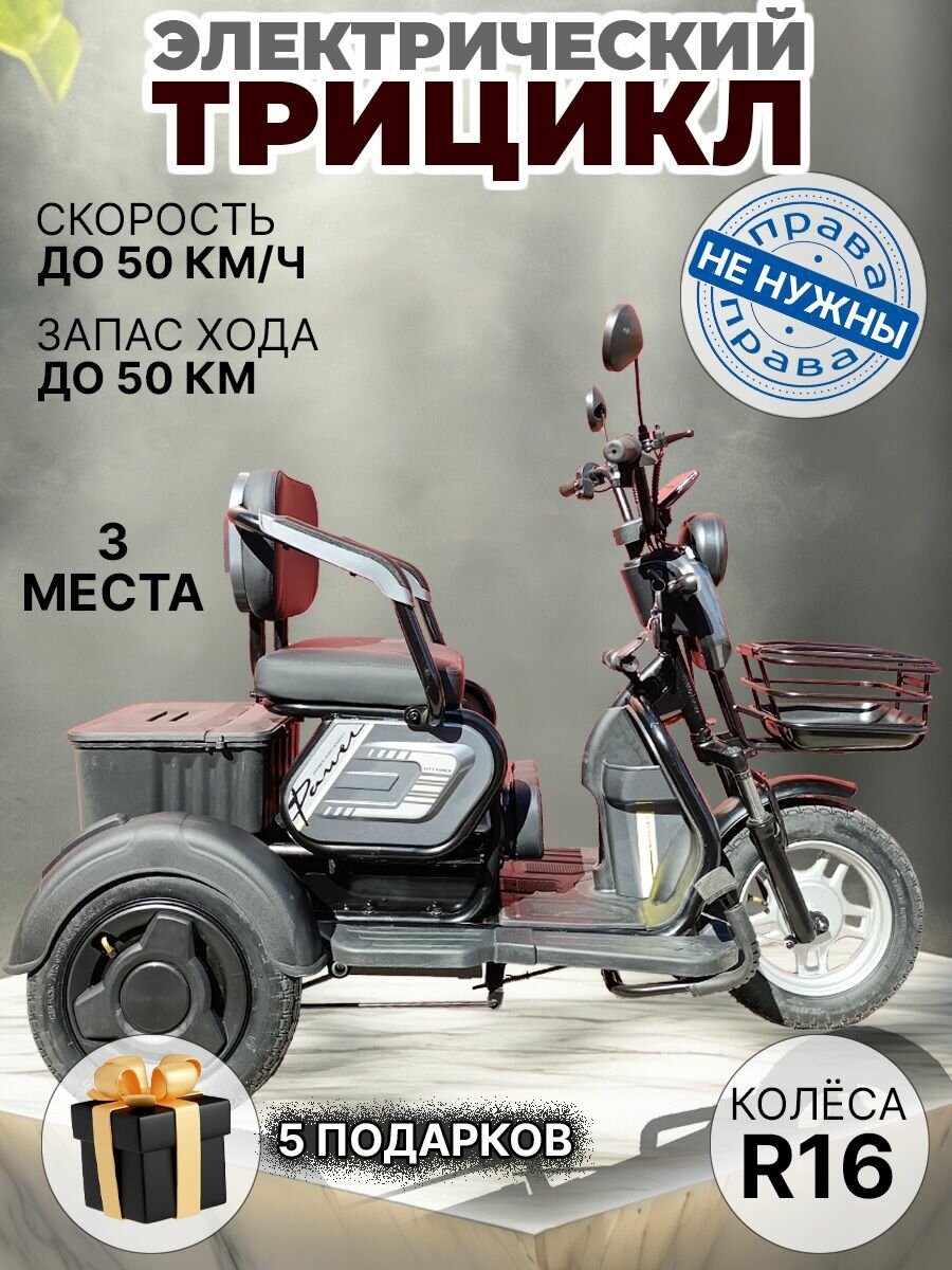 Электротрицикл для взрослых Leopard, R16, 50 км/ч, трехместный, серый