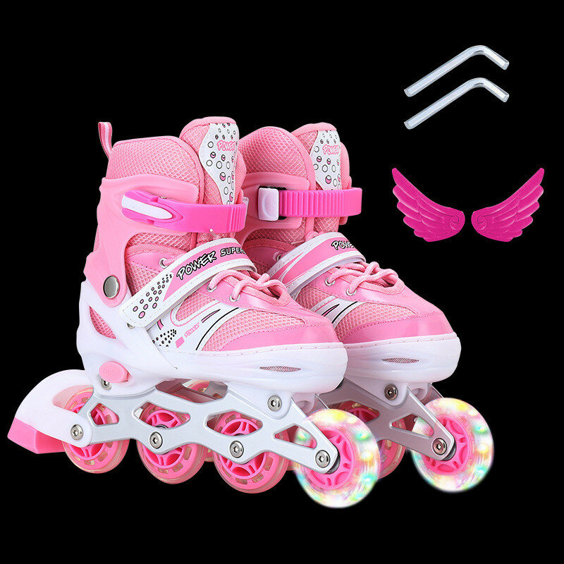 Kids fully adjustable inline skates with colorful pvc wheels for outdoor play, pink m(33-37)