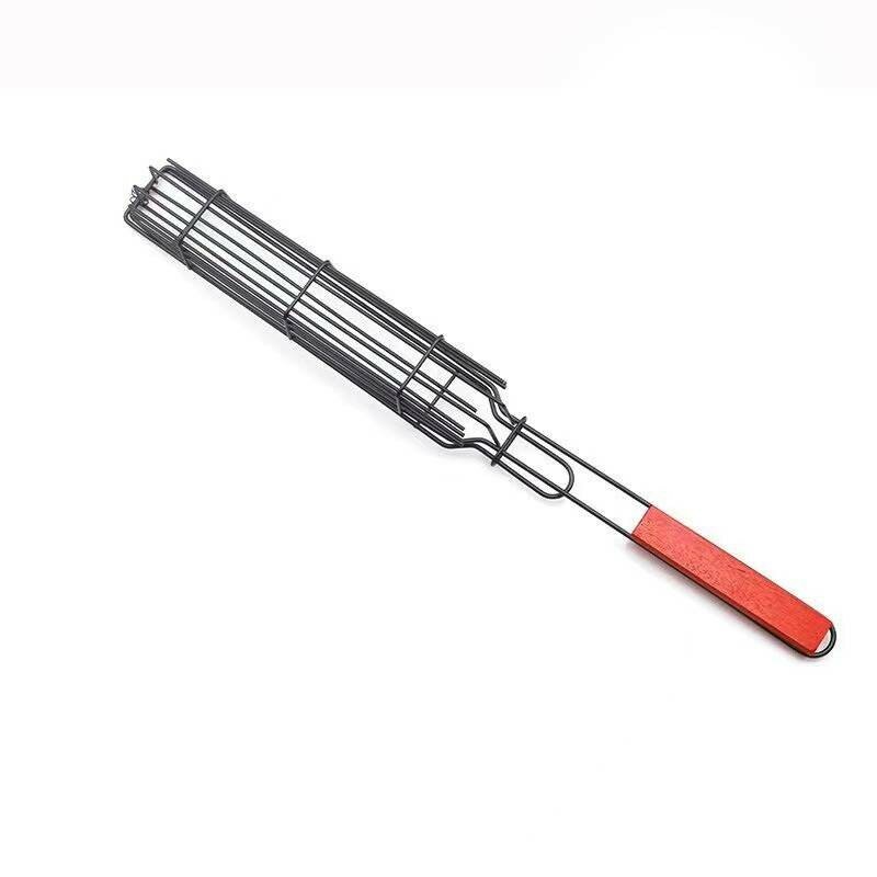 Rectangular iron barbecue net with wooden handle for outdoor grilling and cooking red