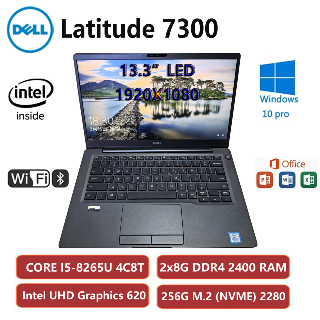 Подержанный ноутбук 13.3" DELL Latitude 7300 ( CORE I5-8265U+2X8GB DDR4 2400 RAM+256G M.2 NVME SSD+Intel UHD 620 Видеокарта+1920X1080 IPS 4K) Win 10 pro