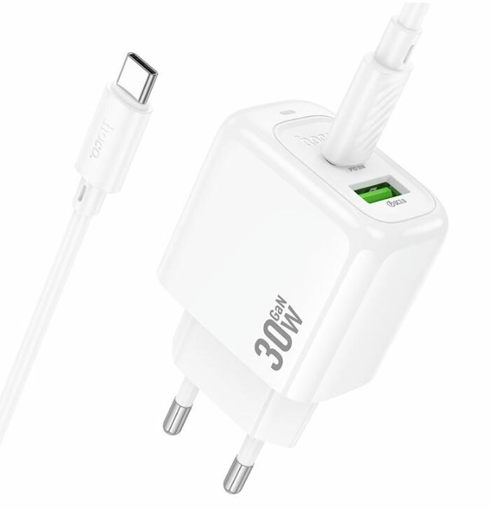 Сетевое зарядное устройство HOCO CS55A 1USB+Type-C 3.0А QC3.0, PD 30W, кабель Type-C-Type-C, белый