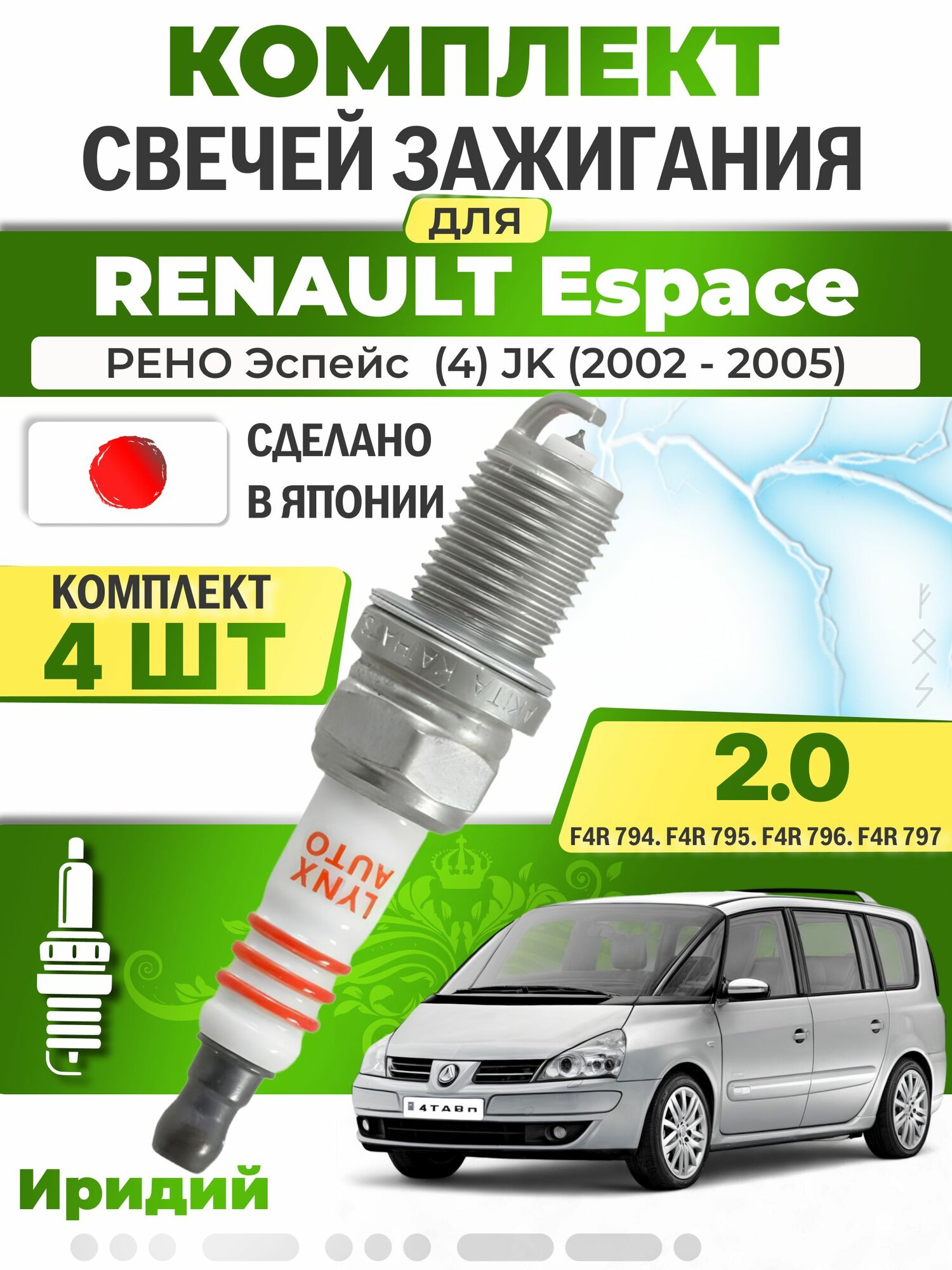 Свечи зажигания для Renault Espace (4) JK 2.0 Turbo, комплект 4 шт / 2002 2003 2004 2005 / Двигатель F4R 794. F4R 795. F4R 796. F4R 797 2,0 л