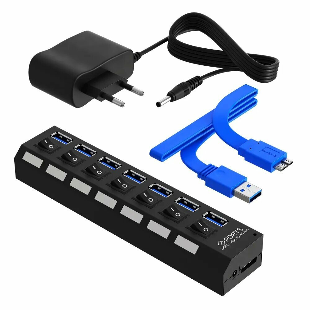 Активный USB-концентратор (Хаб) на 7 порто с питанием GSMIN AR-21 USB 3.0 + 6x USB 2.0 с сетевым адаптером (50 см) (USB 3.0 - AM/MicroBM) (Черный)