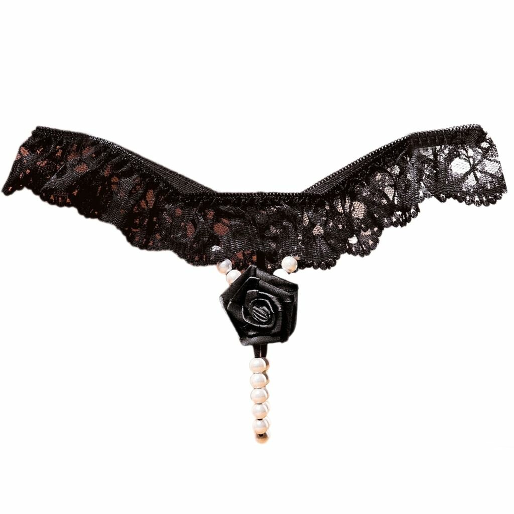 (1 штука) Женские розовые стринги с жемчужным кружевом-Черные-Один размерA